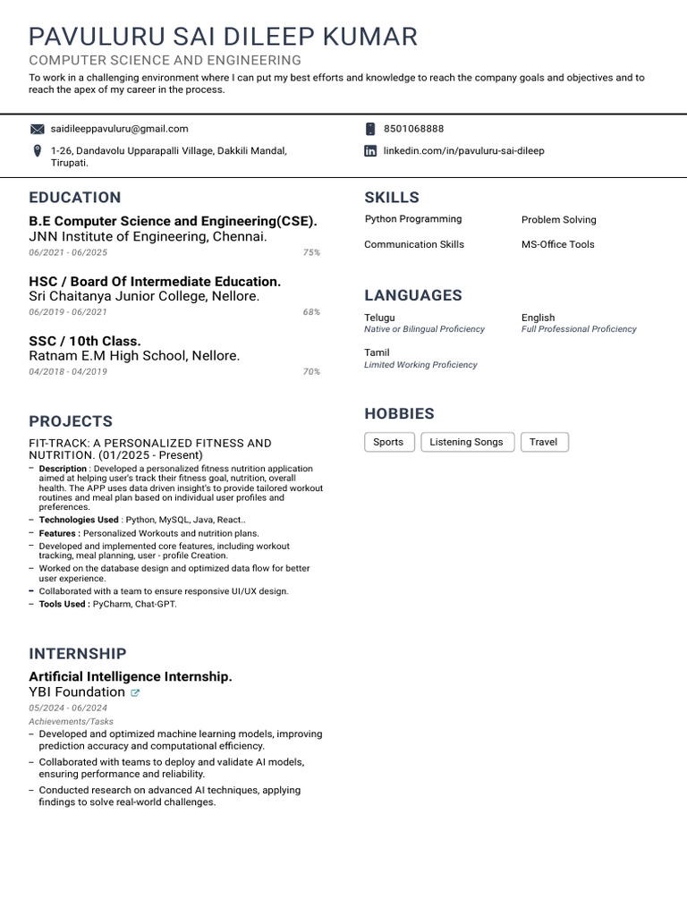 Pavuluru Sai Dileep Resume 5 | PDF | Artificial Intelligence | Intelligence (AI) & Semantics