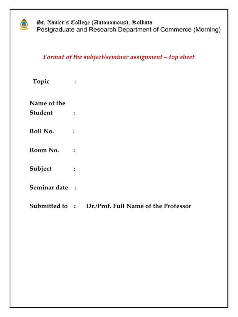 Format of The Seminar Assignment Top Sheet | PDF