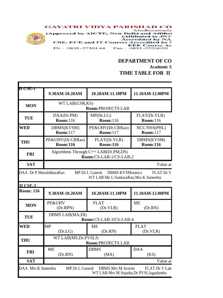 II Cse Sem-2 Timetables (Au Batch) | PDF | Computer Science | Computing