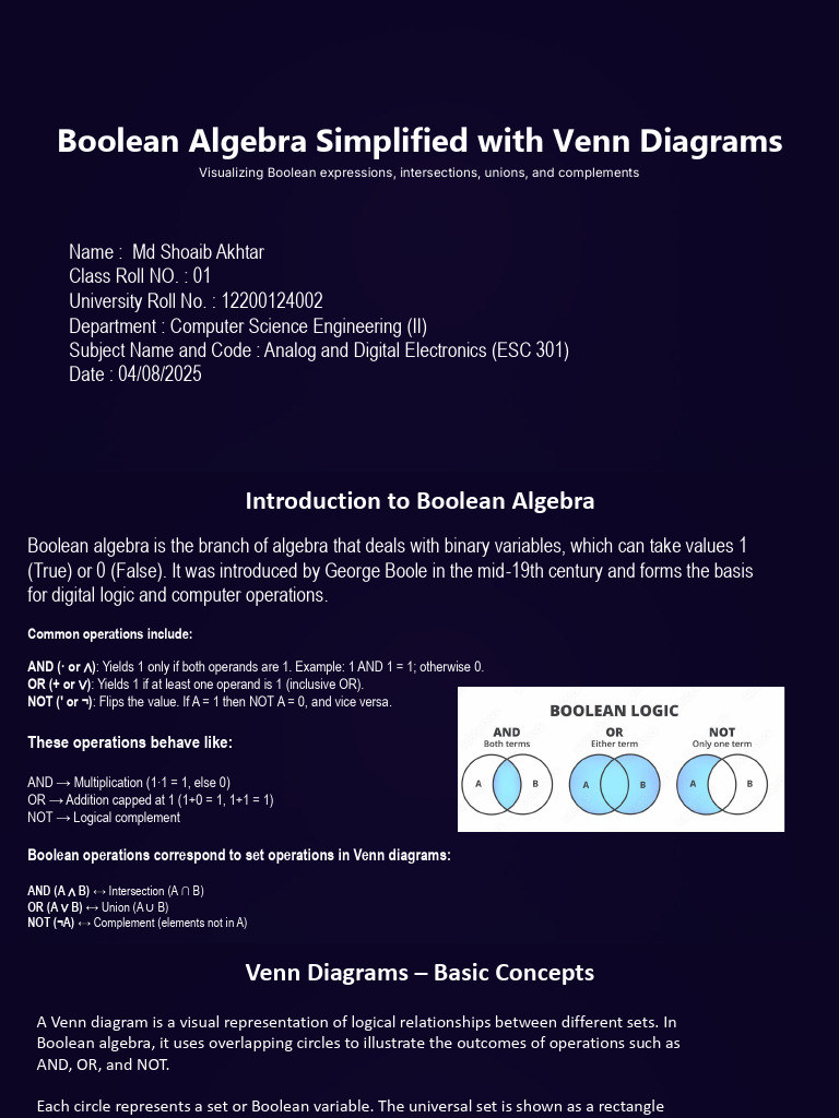 Boolean Algebra and Venn Diagrams Explained | PDF | Boolean Algebra ...