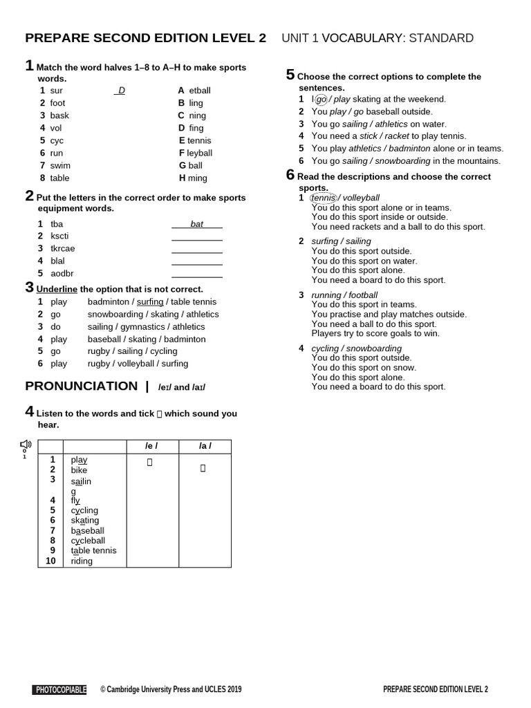 PREPARE 2 Vocabulary Standard Unit 01 | PDF | Table Tennis | Games Of ...