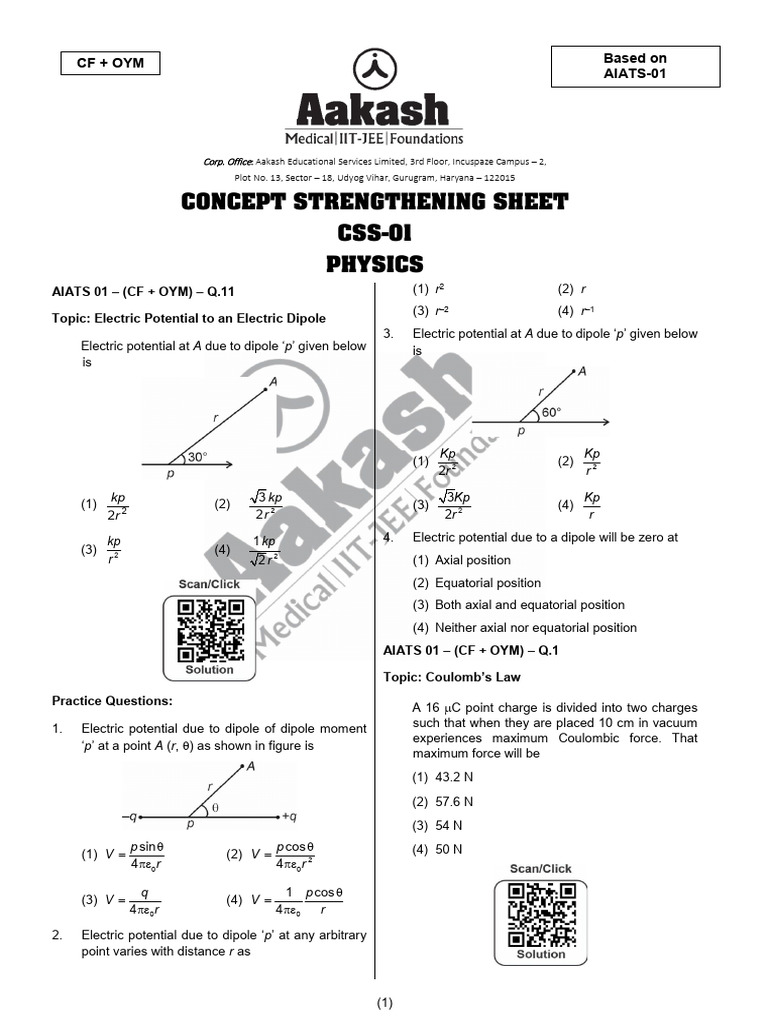 Concept Strengthening Sheet (CSS-01) Based On AIATS-01 (CF+OYM) - Physics | PDF | Capacitance ...