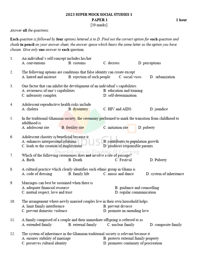 2023 Super Mock Social Studies 1 | PDF | Family | Adolescence