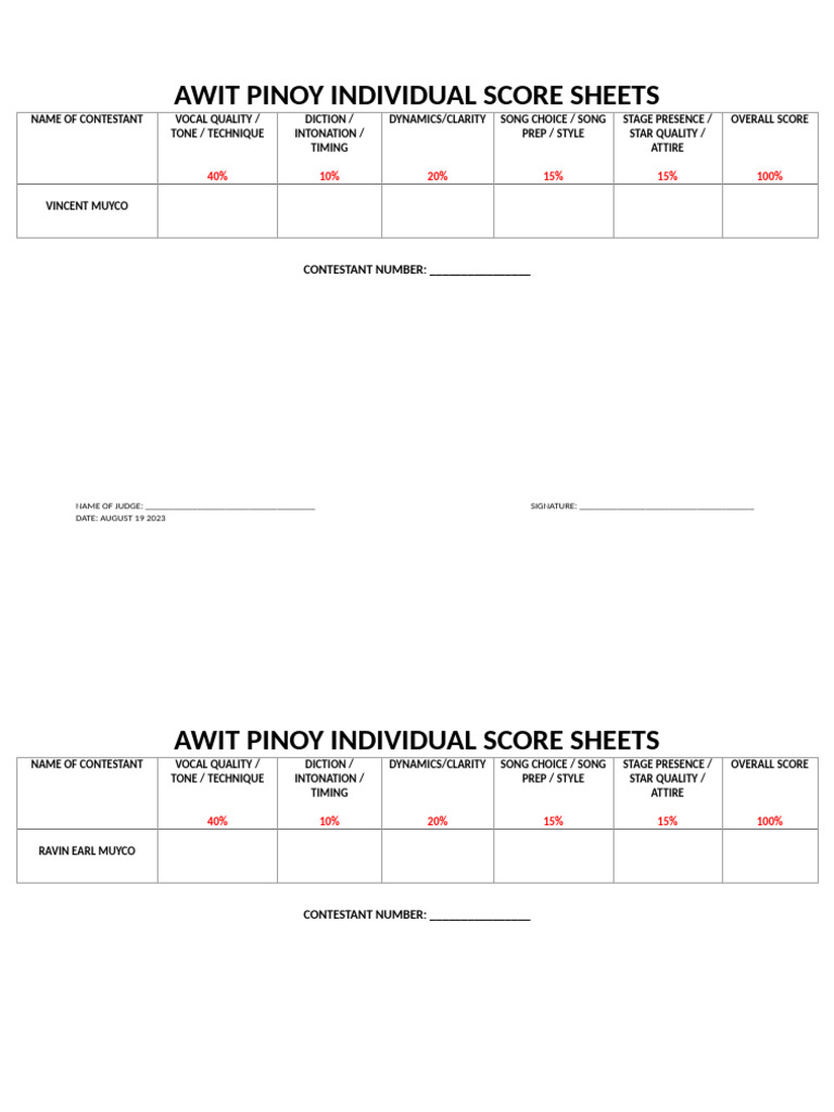 Criteria For Awit Pinoy New Score Sheet | PDF