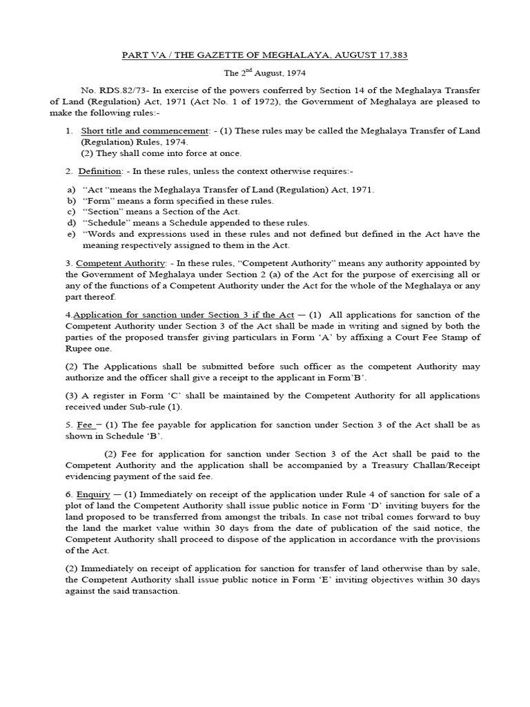 Meghalaya Land Transfer Rules, 1974 | PDF | Receipt