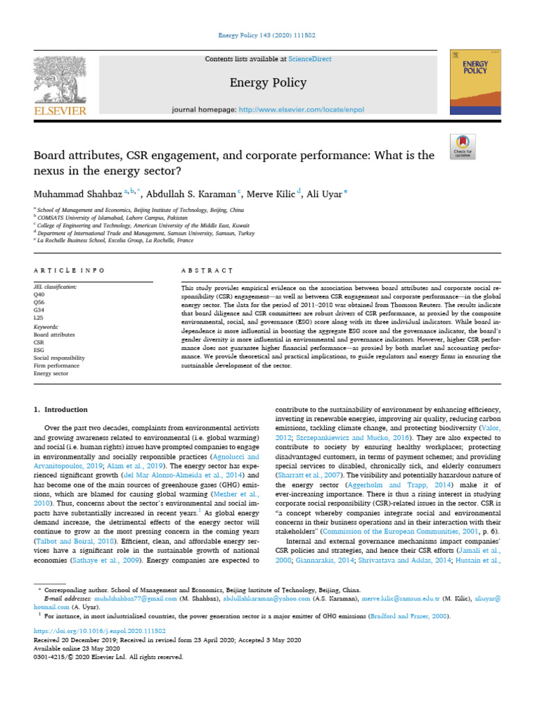 Board Attributes and CSR in Energy Sector | PDF | Corporate Social ...
