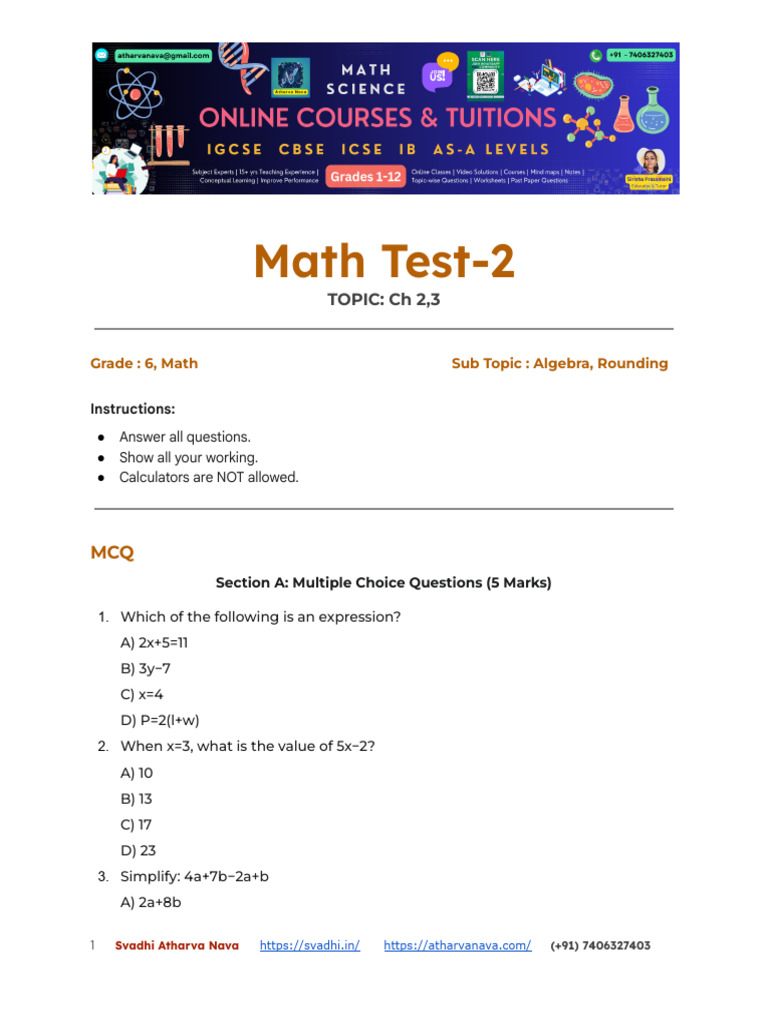 Grade 6, Math Test-2 - CH 2,3 | PDF | Area | Number Theory