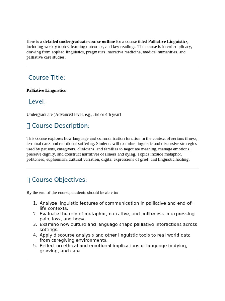 Palliative Linguistics - Course Outline | PDF | Palliative Care ...
