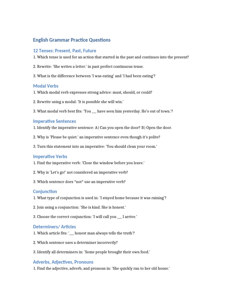 English Grammar Practice Questions Guide | PDF | Verb | English Grammar