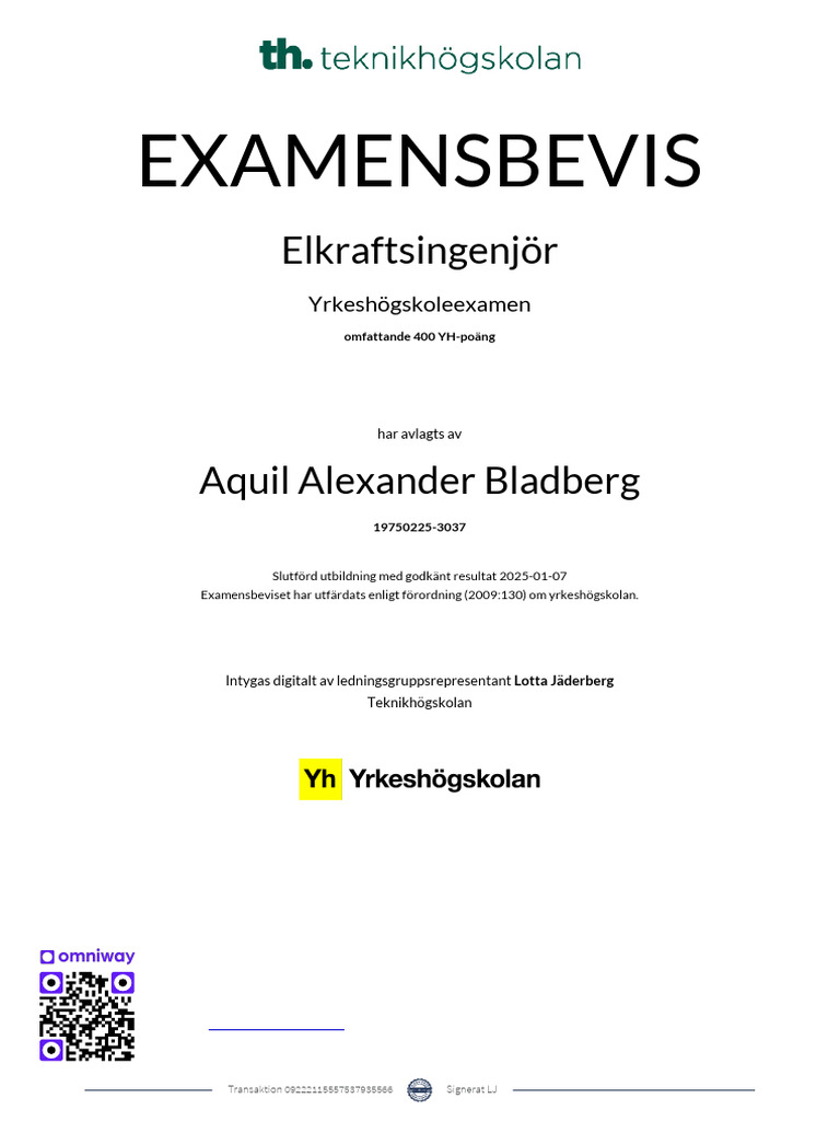 Examensbevis Elkraftsingenjör 19750225-3037 | PDF