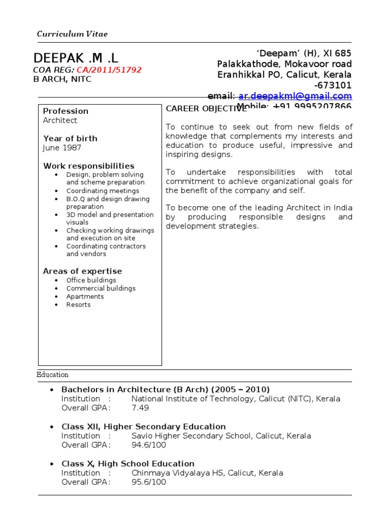 CV - Deepak Ml. | PDF | Architect | Further Education