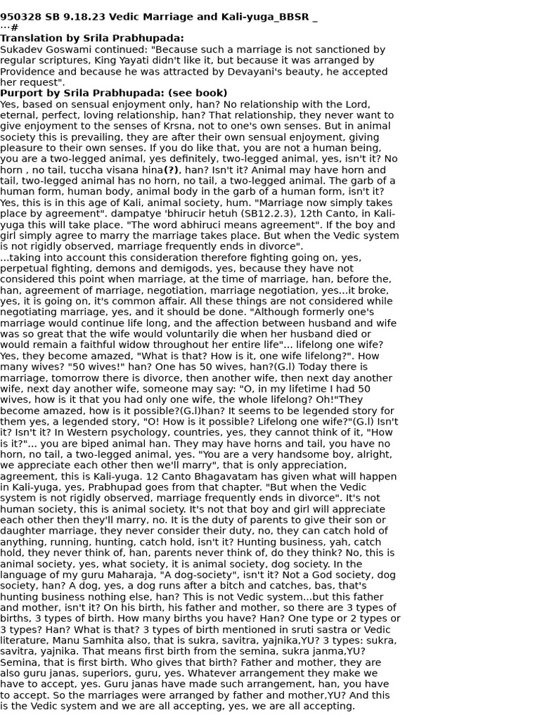 SB 9.18.23 Vedic Marriage and Kali-Yuga - BBSR | PDF