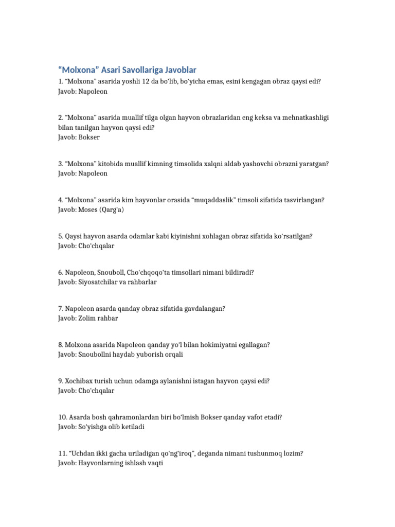 Molxona Savollar Javoblar | PDF