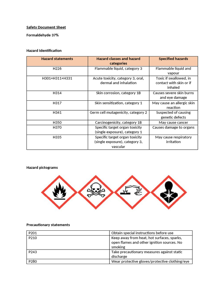 Formaldehyde - Safety Document Sheet | PDF | Personal Protective ...