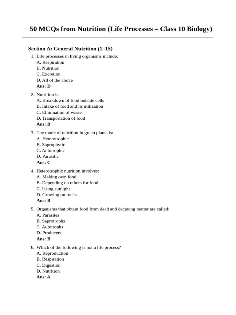 MCQs on Nutrition for Class 10 | PDF | Digestion | Human Digestive System