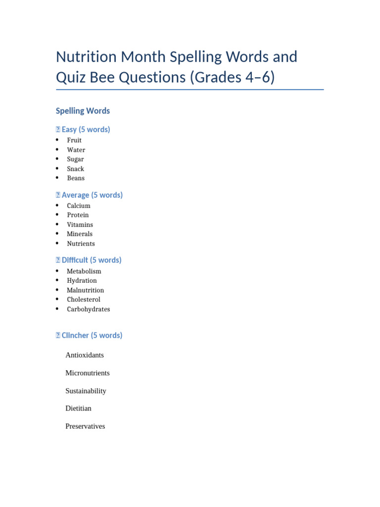 Nutrition Month Grades4-6 Spelling and Quiz Complete | PDF | Nutrients ...