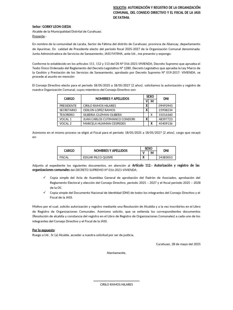 Solicitud de Reconocimiento A LA JASS de LUCMOS TAMBO | PDF | Gobierno local | Alcalde