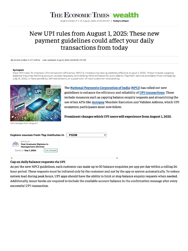 New UPI Rules From August 1, 2025 | PDF