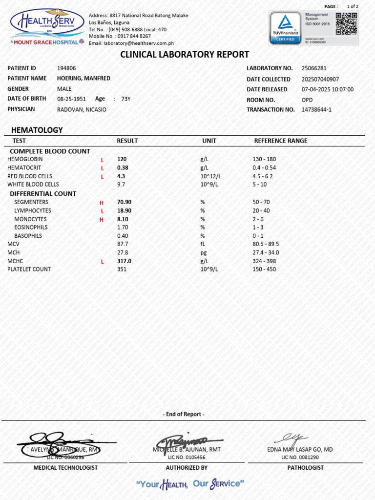 Clinical Laboratory Report: Hematology | PDF | Body Fluids | Medical ...