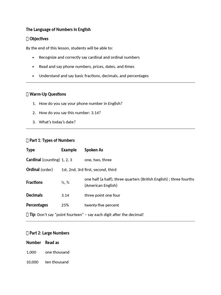 Mastering English Number Language | PDF