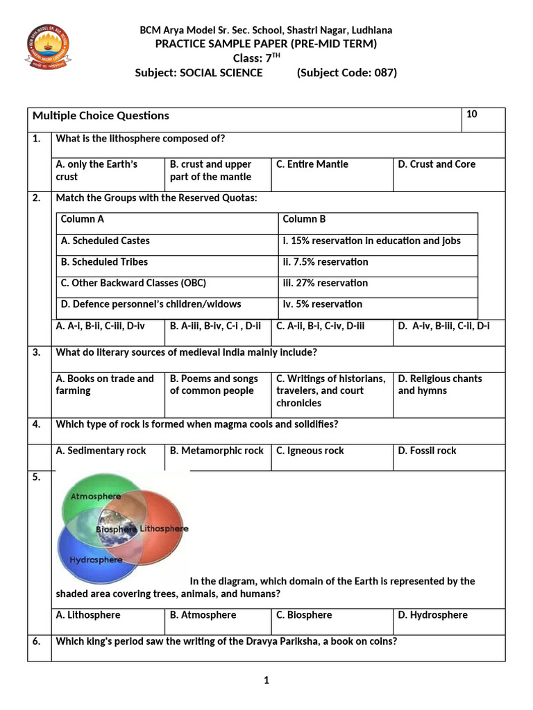 632-C-9009-CLASS 7 PREMID Sample Paper SST | PDF | Rock (Geology) | Earth