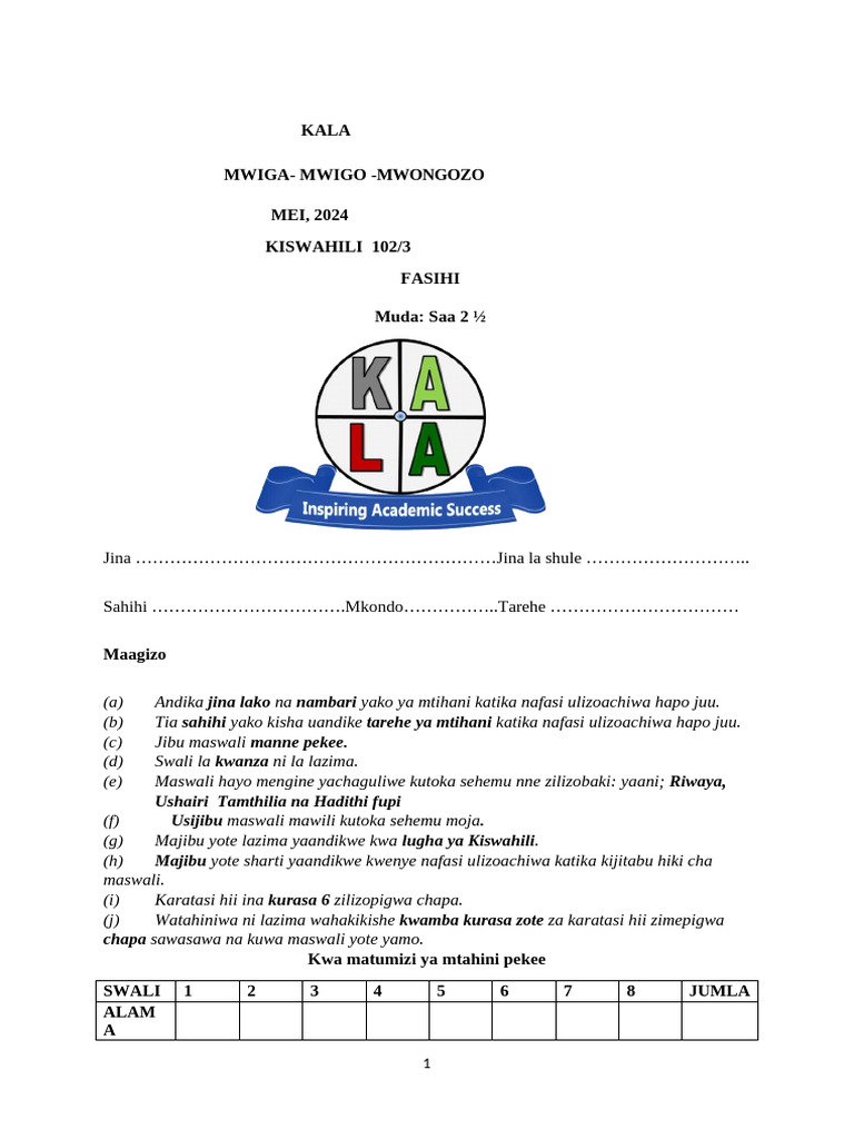 Mwiga Mwigo Mwongozo-Kala PP3-2024 | PDF