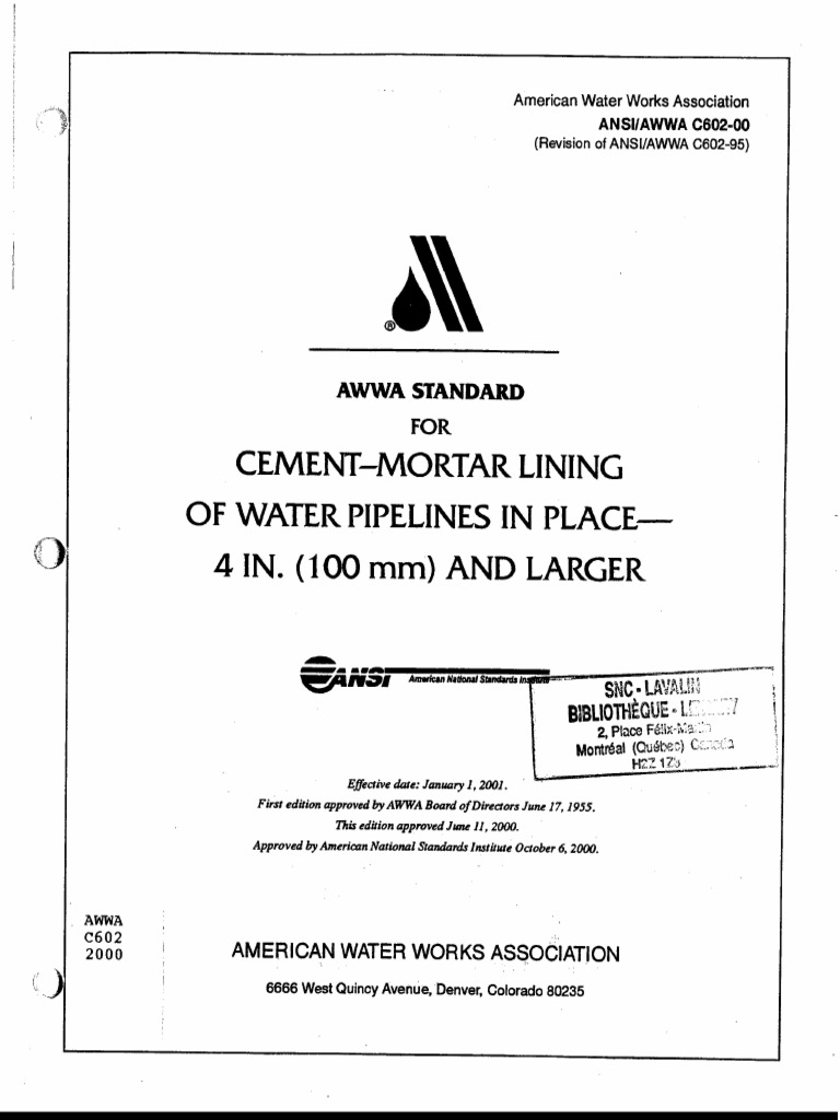 ANSI AWWA C602-00 Cement Mortar Lining of Water Pipelines I | PDF