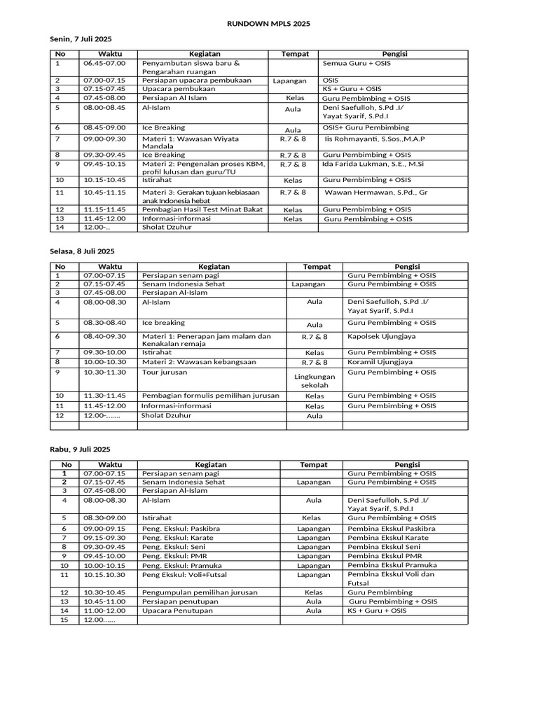 Rundown MPLS 2025: Kegiatan Siswa Baru | PDF