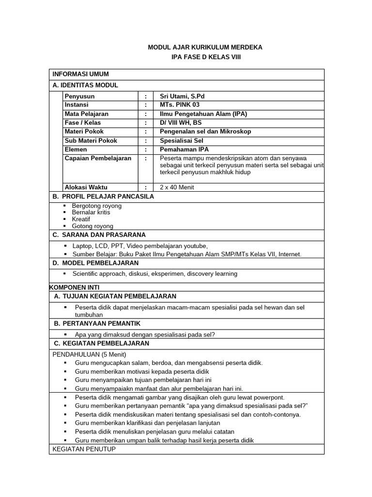 Modul Ajar IPA: Spesialisasi Sel Kelas VIII | PDF
