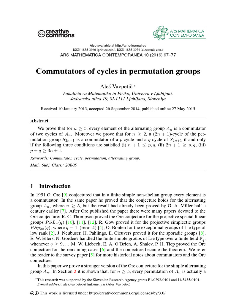 Commutators of Cycles in Permutation Groups | PDF | Functions And Mappings | Abstract Algebra