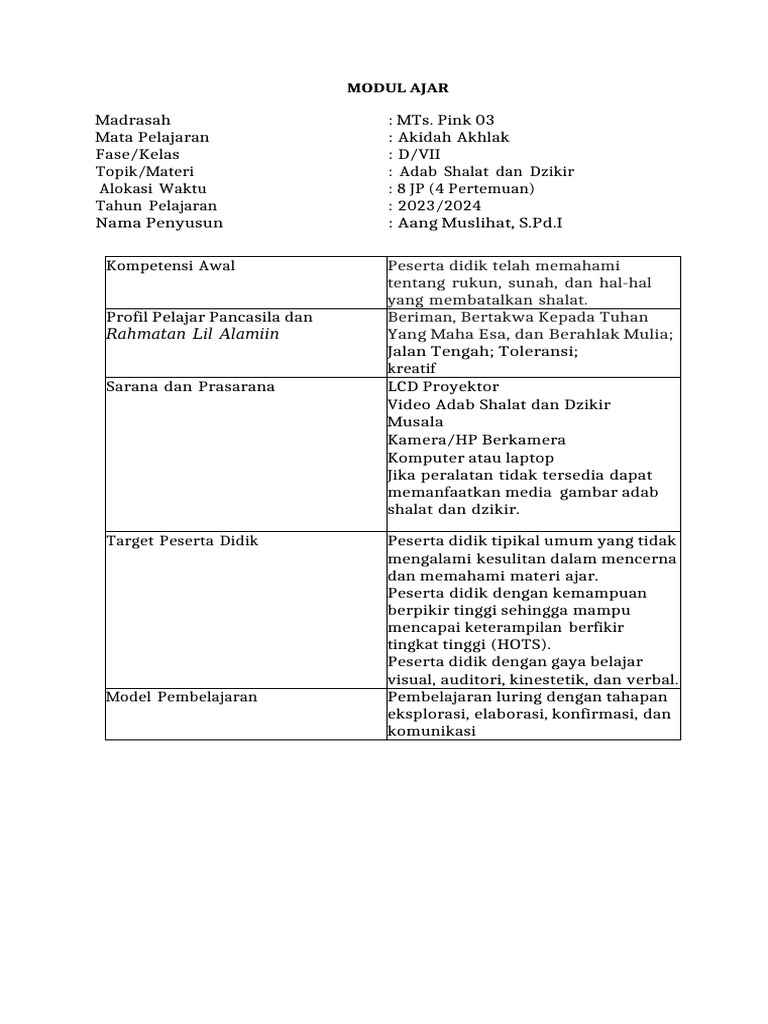 Modul Ajar Akidah Kelas 7 Bab Dzikir | PDF