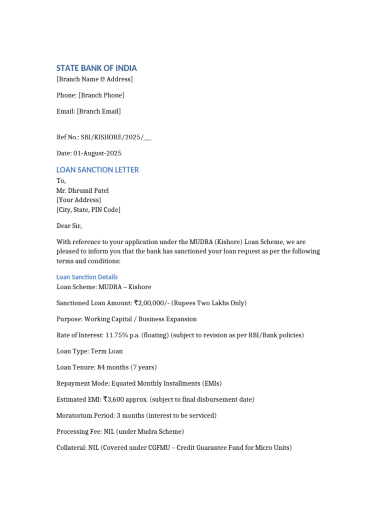 SBI MUDRA Kishore Loan Sanction Letter | PDF