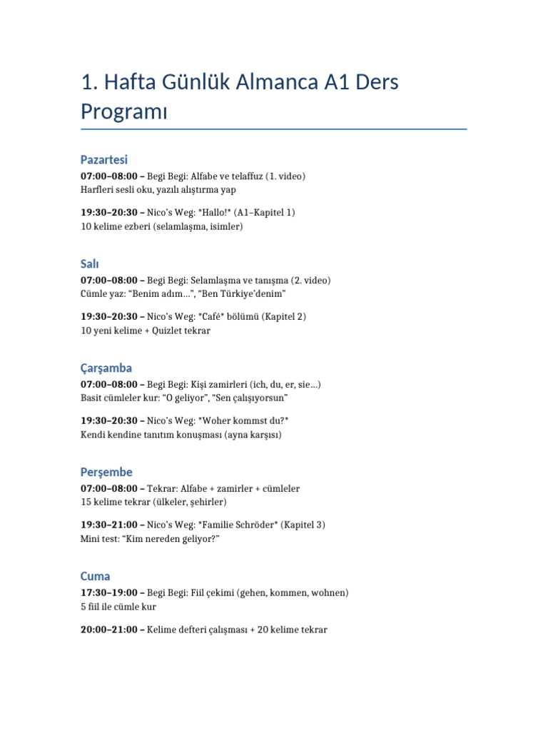 Almanca A1 Hafta1 Program | PDF