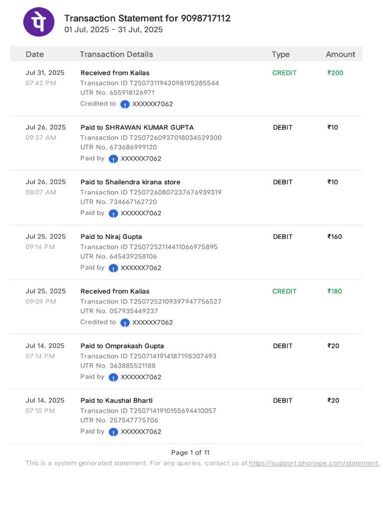 PhonePe Statement Jul2025 Jul2025 | PDF | Debit Card | Debits And Credits