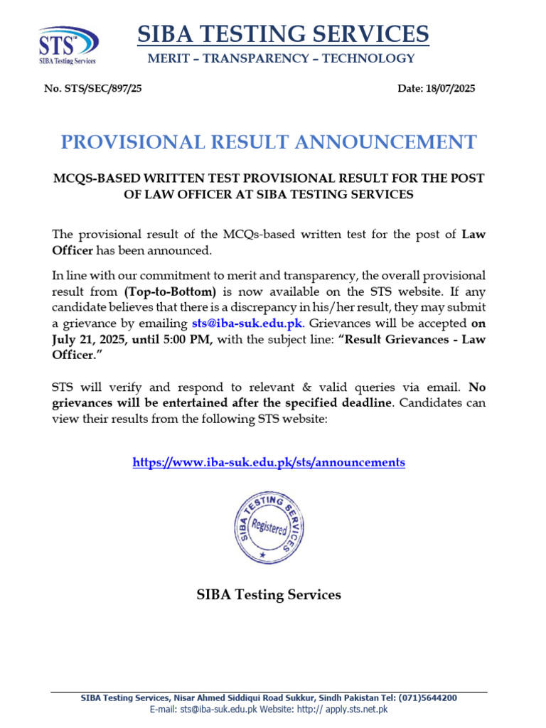 Siba Testing Services: Provisional Result Announcement | PDF