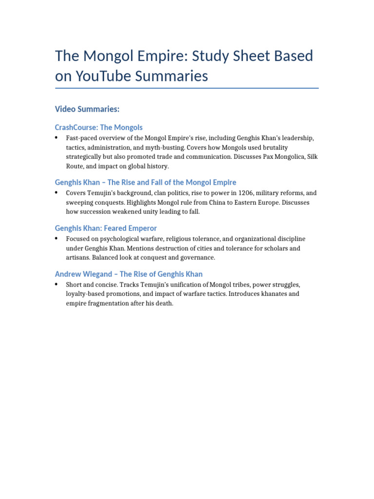 Mongol Empire Study Sheet | PDF | Mongol Empire | Genghis Khan