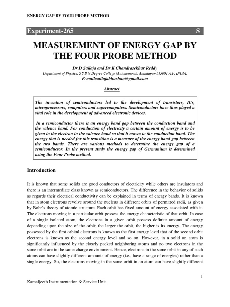 Measurement of Energy Gap by The Four Probe Method: Experiment-265 S | PDF | Band Gap | Valence ...