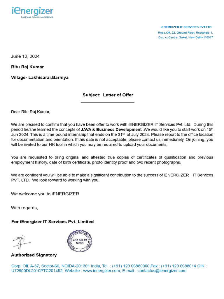 Ritu Raj Offer Letter Ienergizer | PDF