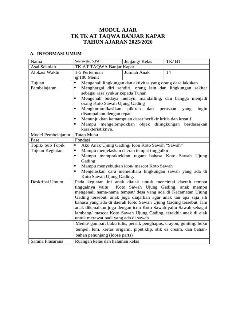 RPP TK: Aku Anak Ujung Gading | PDF
