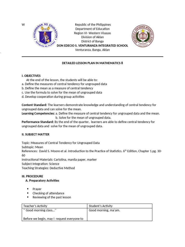 Detailed Lesson Plan in Math 8 | PDF | Mean | Lesson Plan