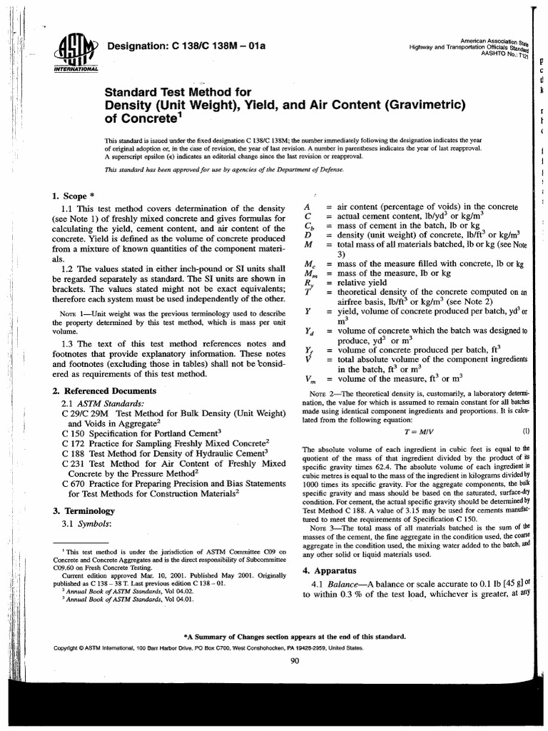 ASTM C 138C 138M 01a | PDF