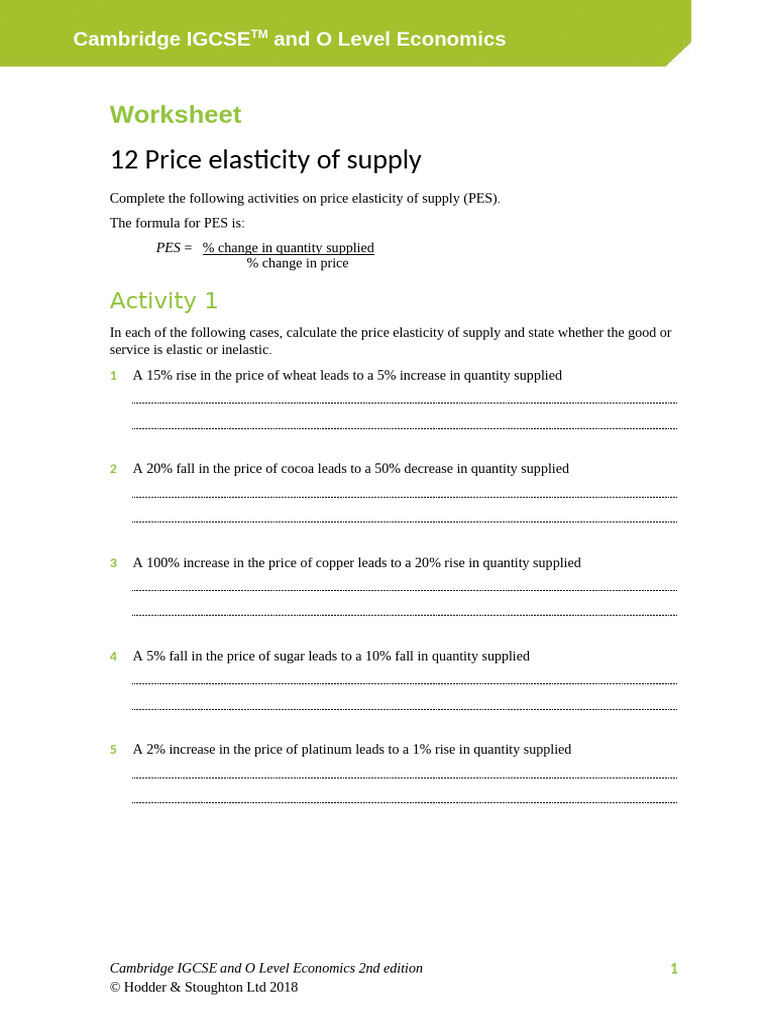 12 Price Elasticity of Supply - Worksheet | PDF