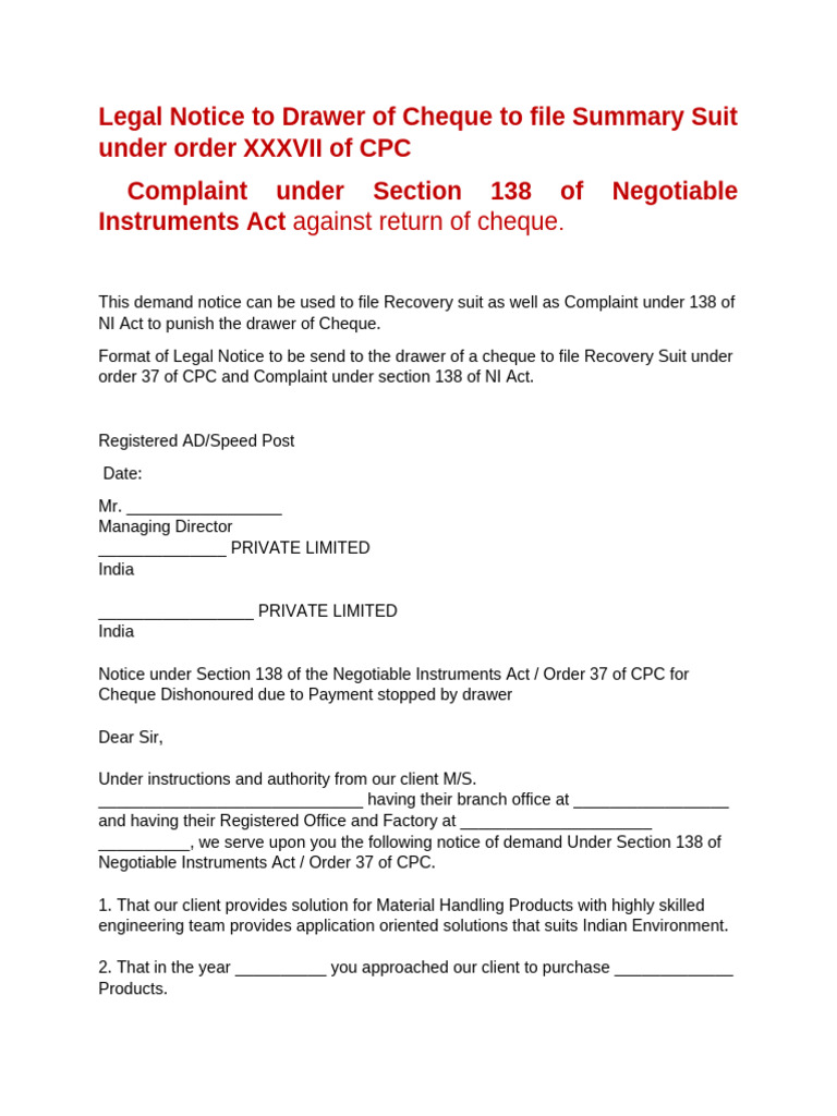Legal Notice for Cheque Bounce in Hindi | PDF | Cheque | Lawsuit
