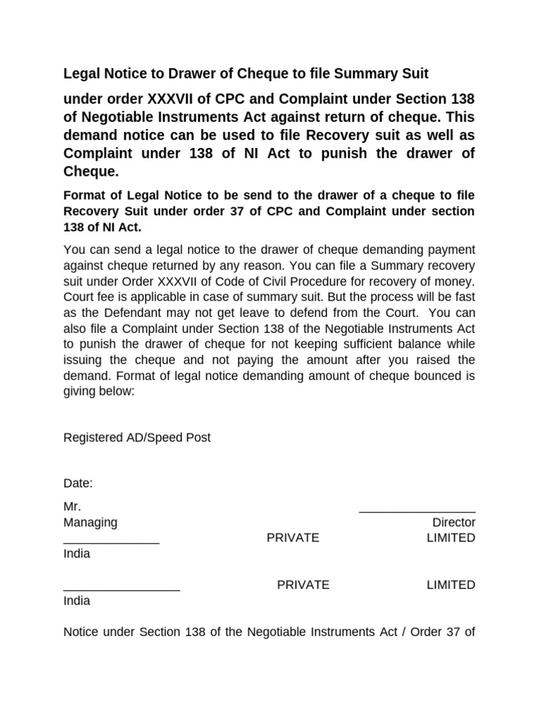 Legal Notice To Drawer of Cheque To File Summary Suit | PDF | Cheque ...