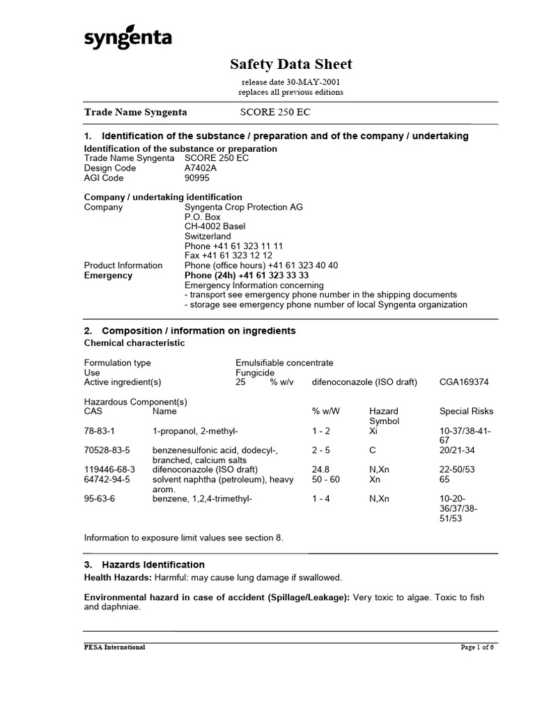 Syngenta SCORE 250 EC Safety Data Sheet | PDF | Firefighting | Toxicity