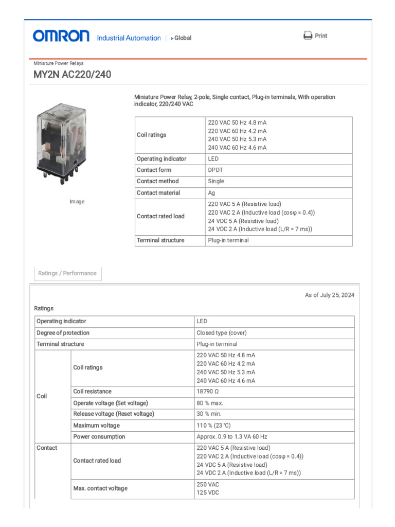 MY2N Miniature Power Relay Specs | PDF | Alternating Current | Inductor