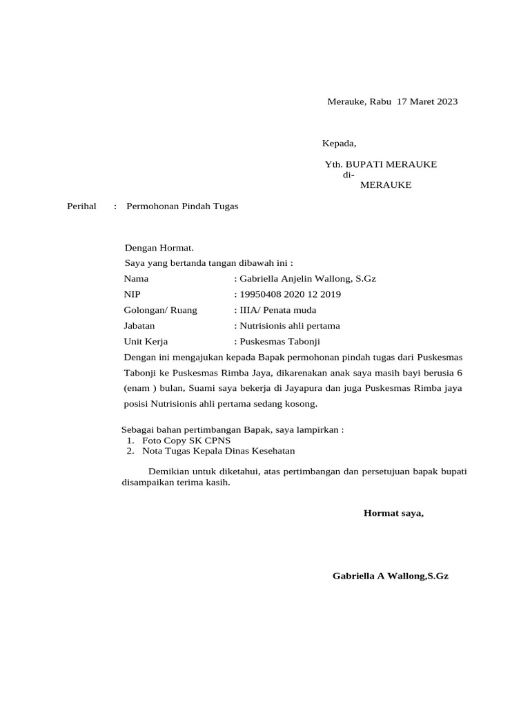 Surat Permohonan Pindah Tugas SKPD | PDF