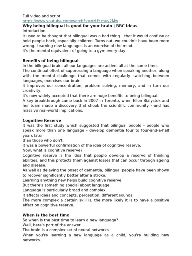 Benefits of Bilingualism Explained | PDF | Multilingualism | Psychology
