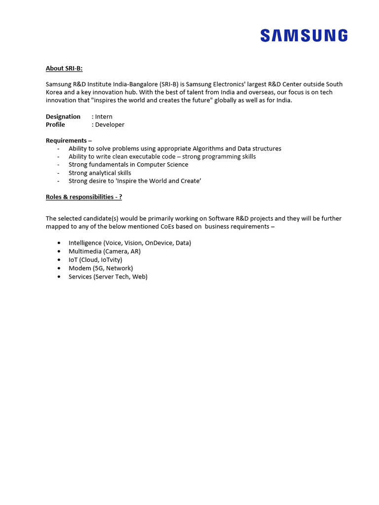 JD - Developer Intern - SRIB | PDF