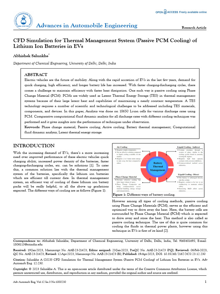 CFD Simulation For Thermal Management System Passive PCM Cooling of Lithium Ion Batteries in Evs ...
